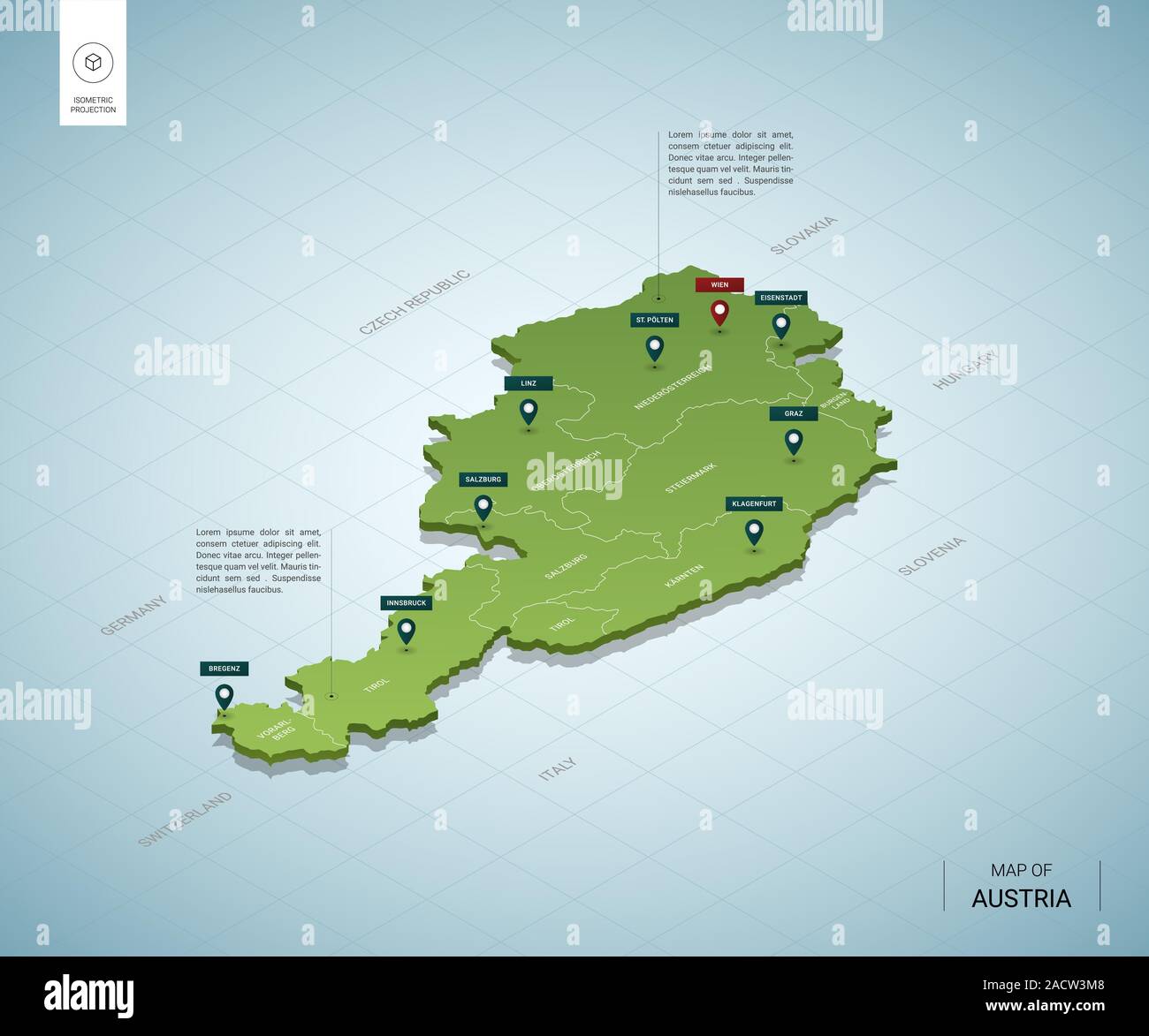 Stylized map of Austria. Isometric 3D green map with cities, borders ...