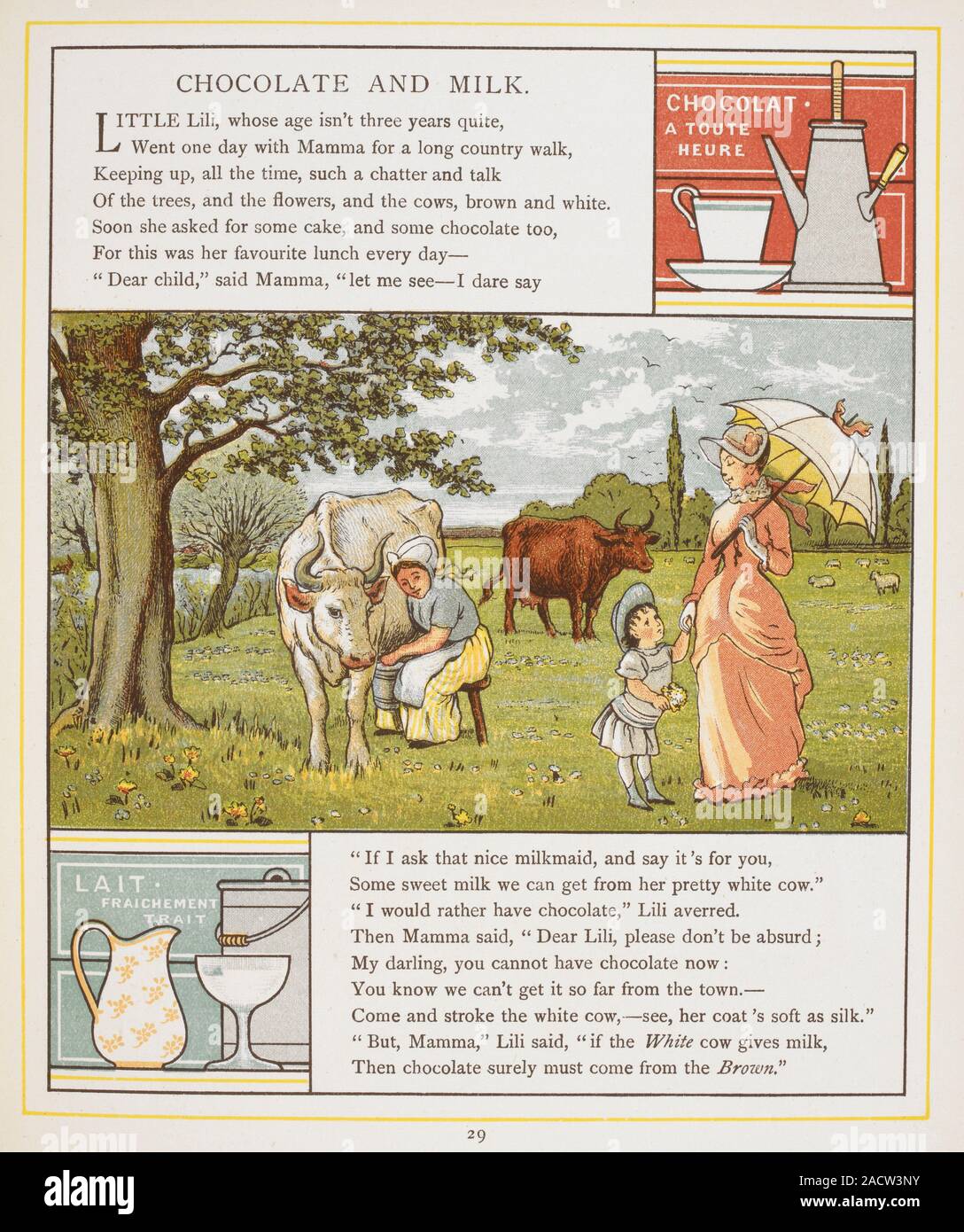 Chocolate and milk. A young girl with her mother. A milkmaid milking a ...