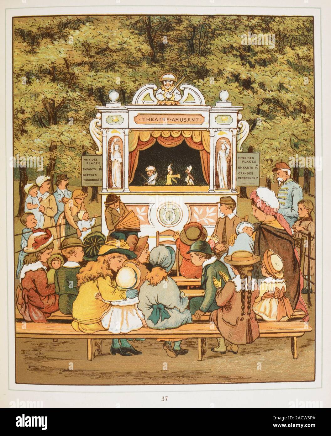 In the Tuilleries gardens. Children watching a punch and judy puppet ...