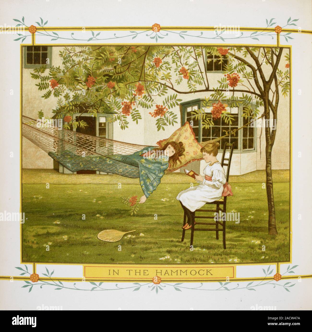 Young girl in a hammock. Another reading a book. Both in a garden ...