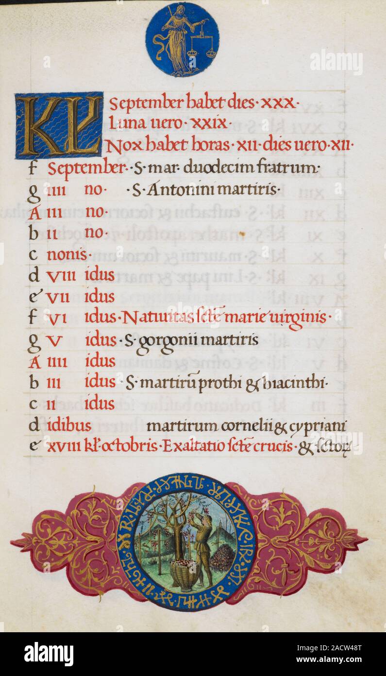 Calendar page for September. At top is Libra. Taken from â Mirandola ...