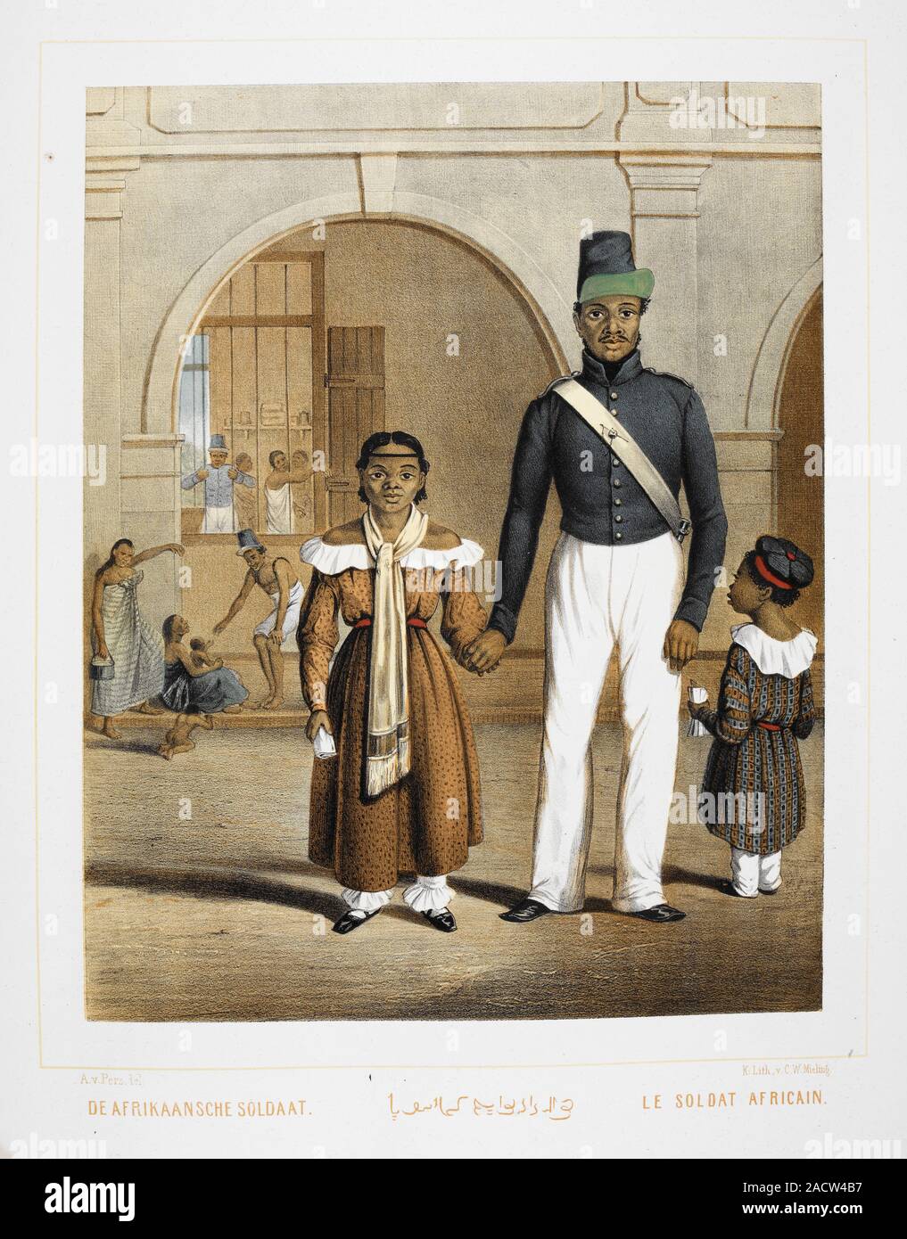 An African soldier with his family. Inhabitants of Indonesia, Colour ...