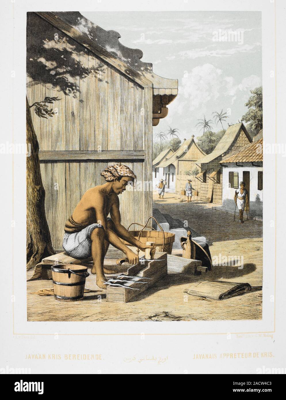 A Javanese man sharpening knives, colour illustration. Author A. Van ...
