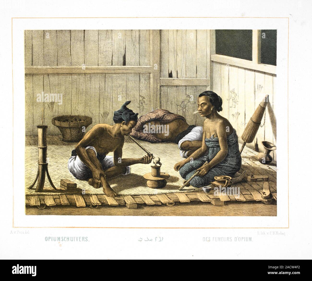 Two Indonesian people smoking opium, Colour illustration. Author A. Van ...