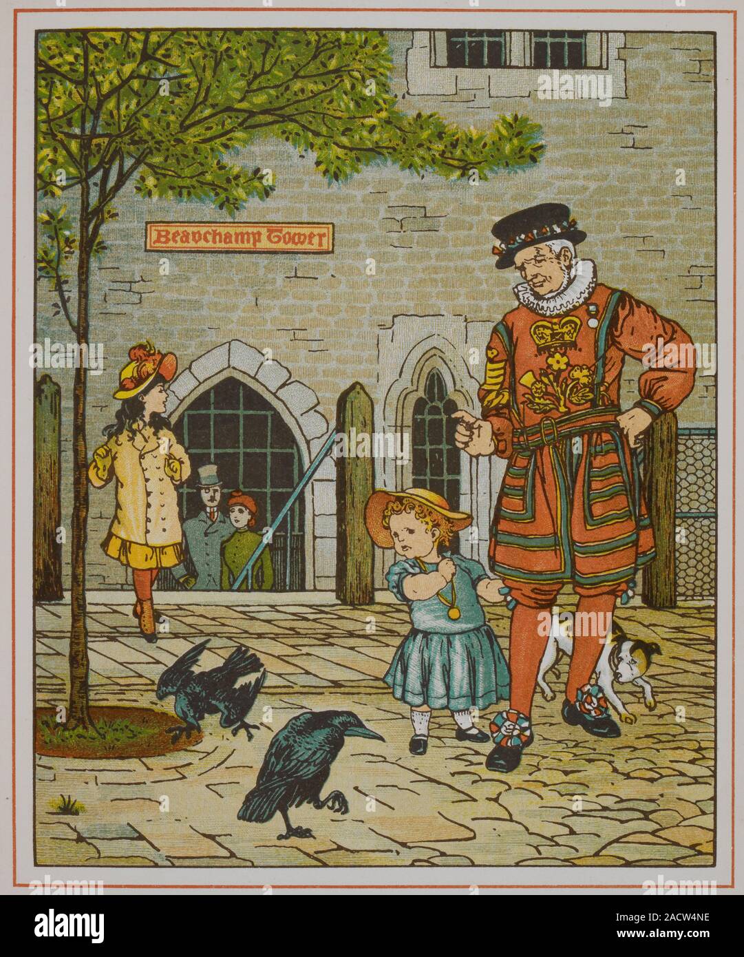 The Tower of London. Beauchamp tower. A beefeater, child and two ravens ...
