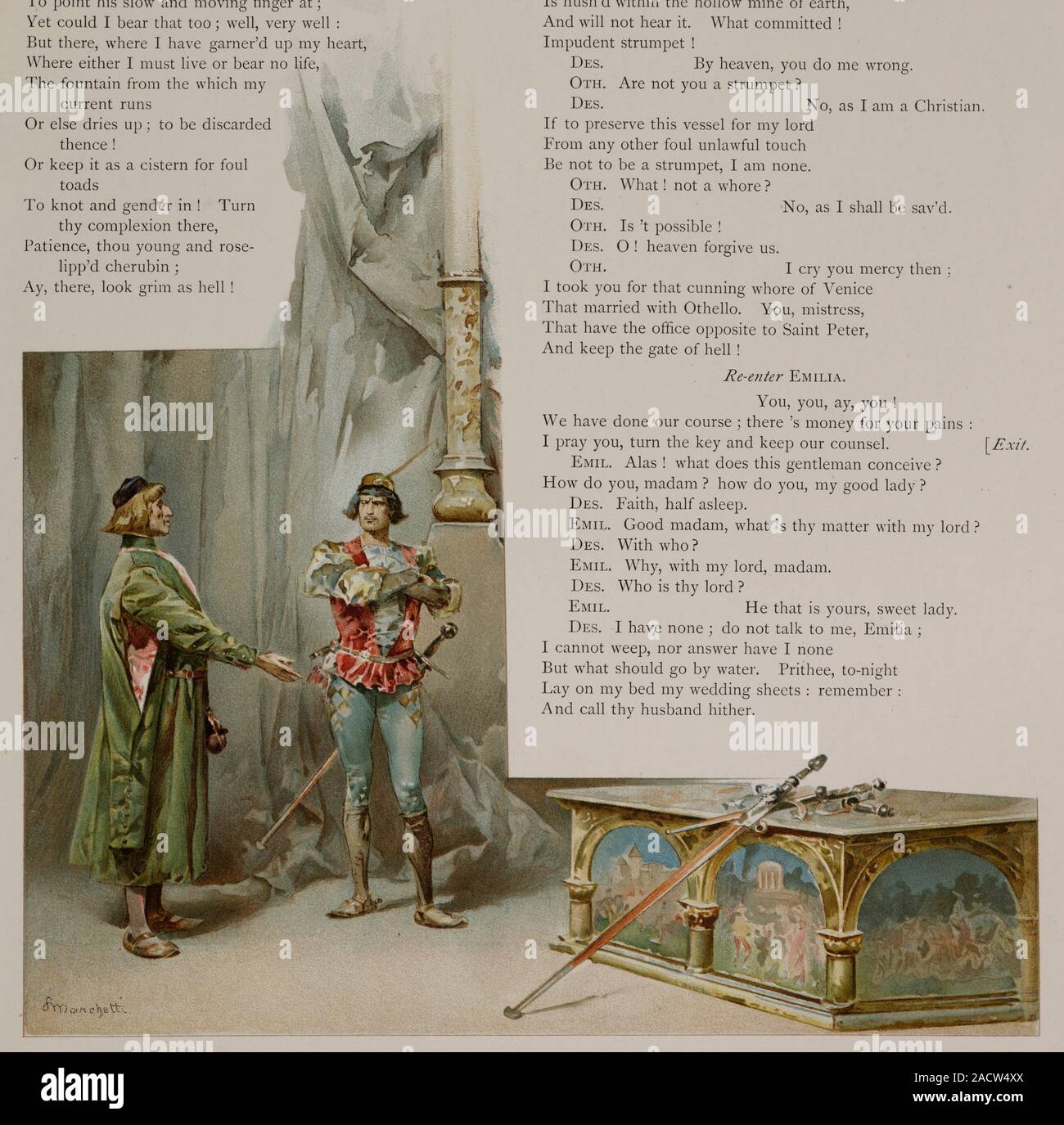 Iago persuades Roderigo to kill Cassio, colour illustration. Author ...