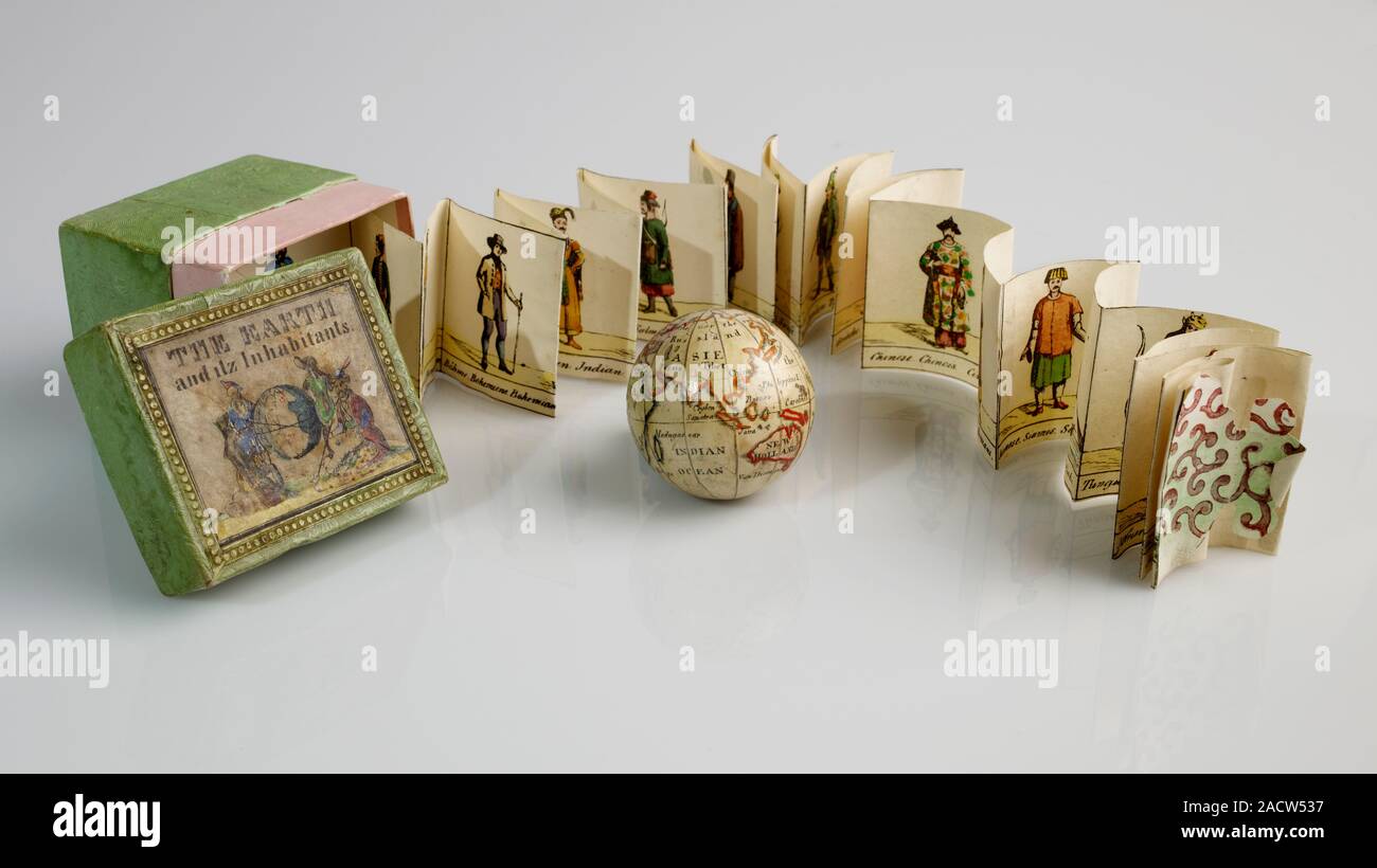 A globe and a strip of folding paper bearing twenty nine hand coloured ...
