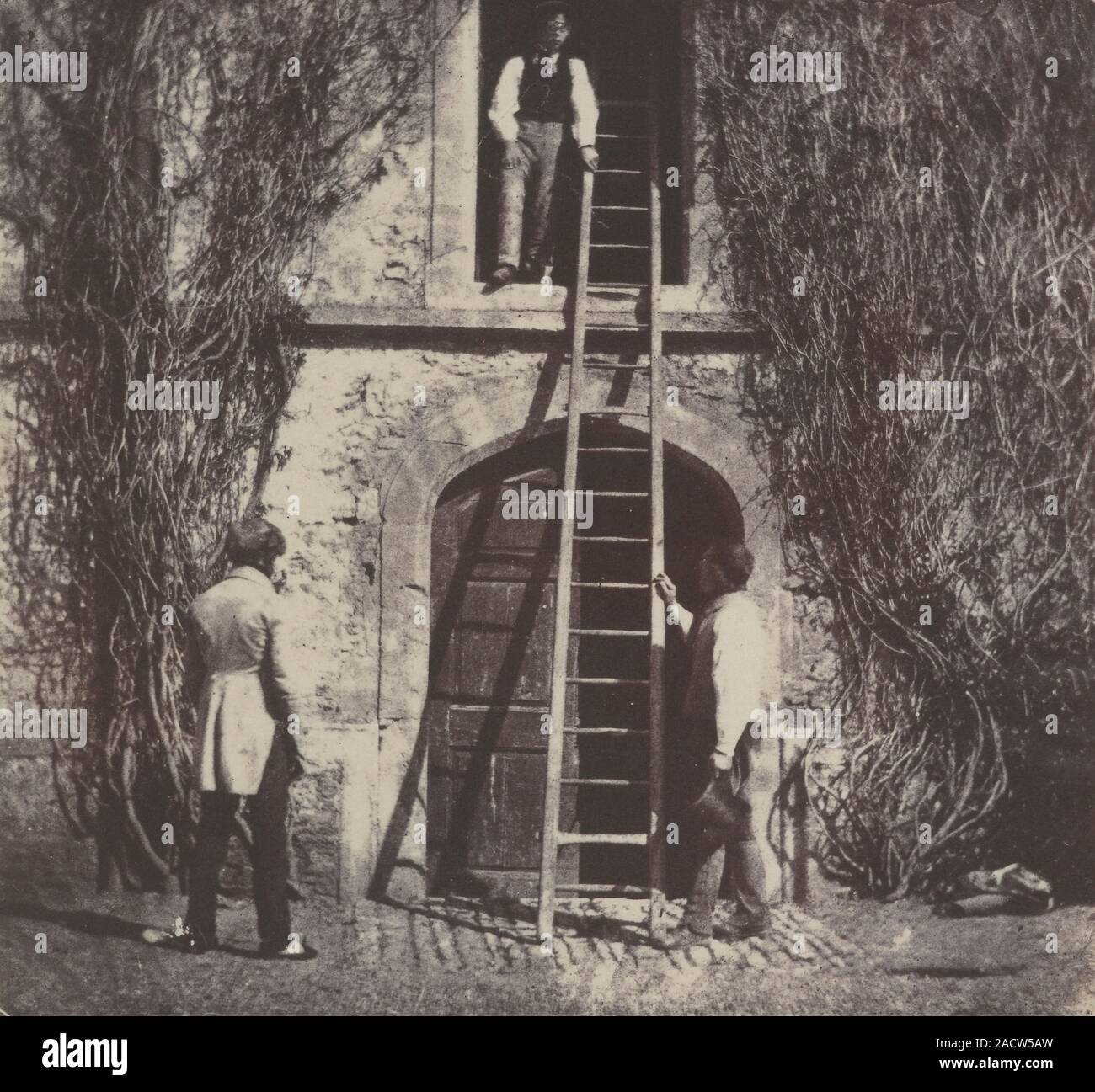 The ladder, 1845. A ladder resting against a building with three men in ...
