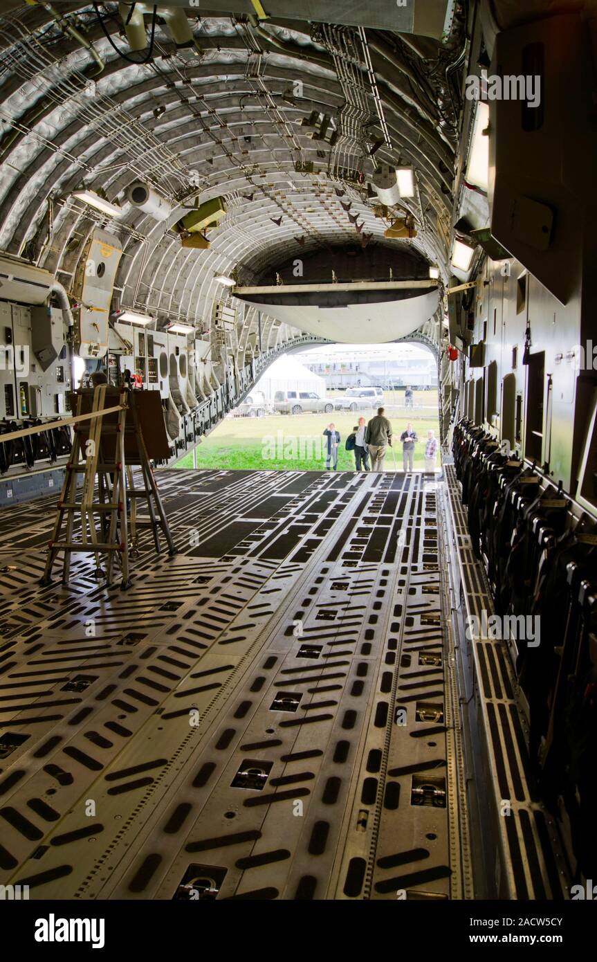 Cargo bay of C-17 Globemaster military transport aircraft showing ...