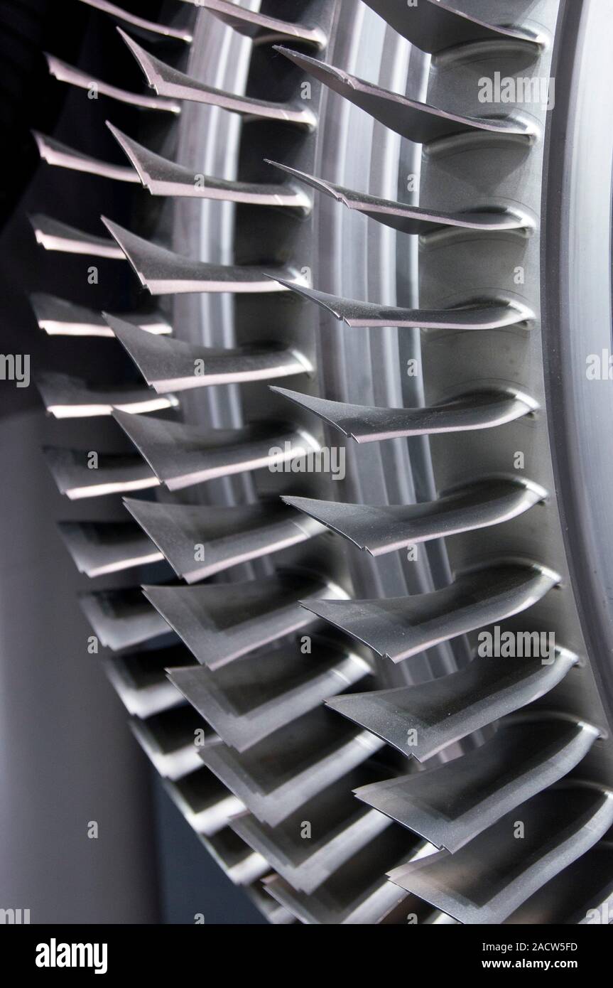 Compressor blades in an aircraft engine on display at Farnborough ...