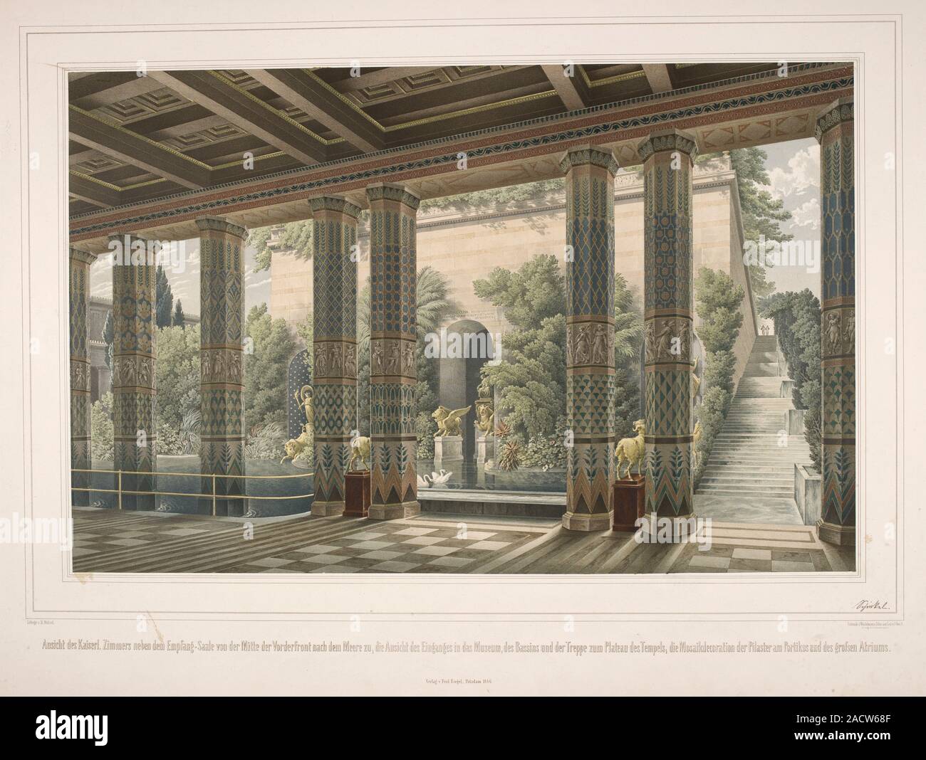 Illustration of courtyard in a historic building. In an middle eastern ...