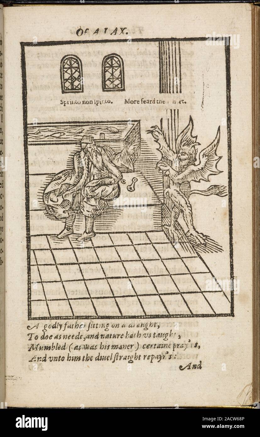 An engraving of an old man, possible a priest at his prayers. Being ...