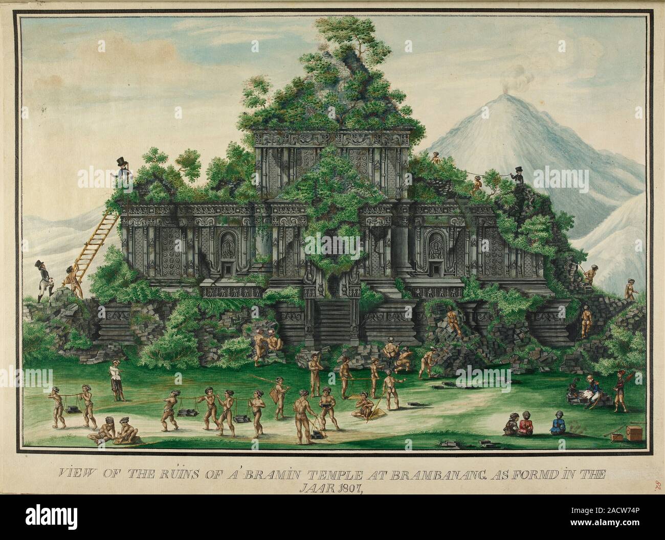 Illustration of Javanese temple. A building with towers, and stonework ...