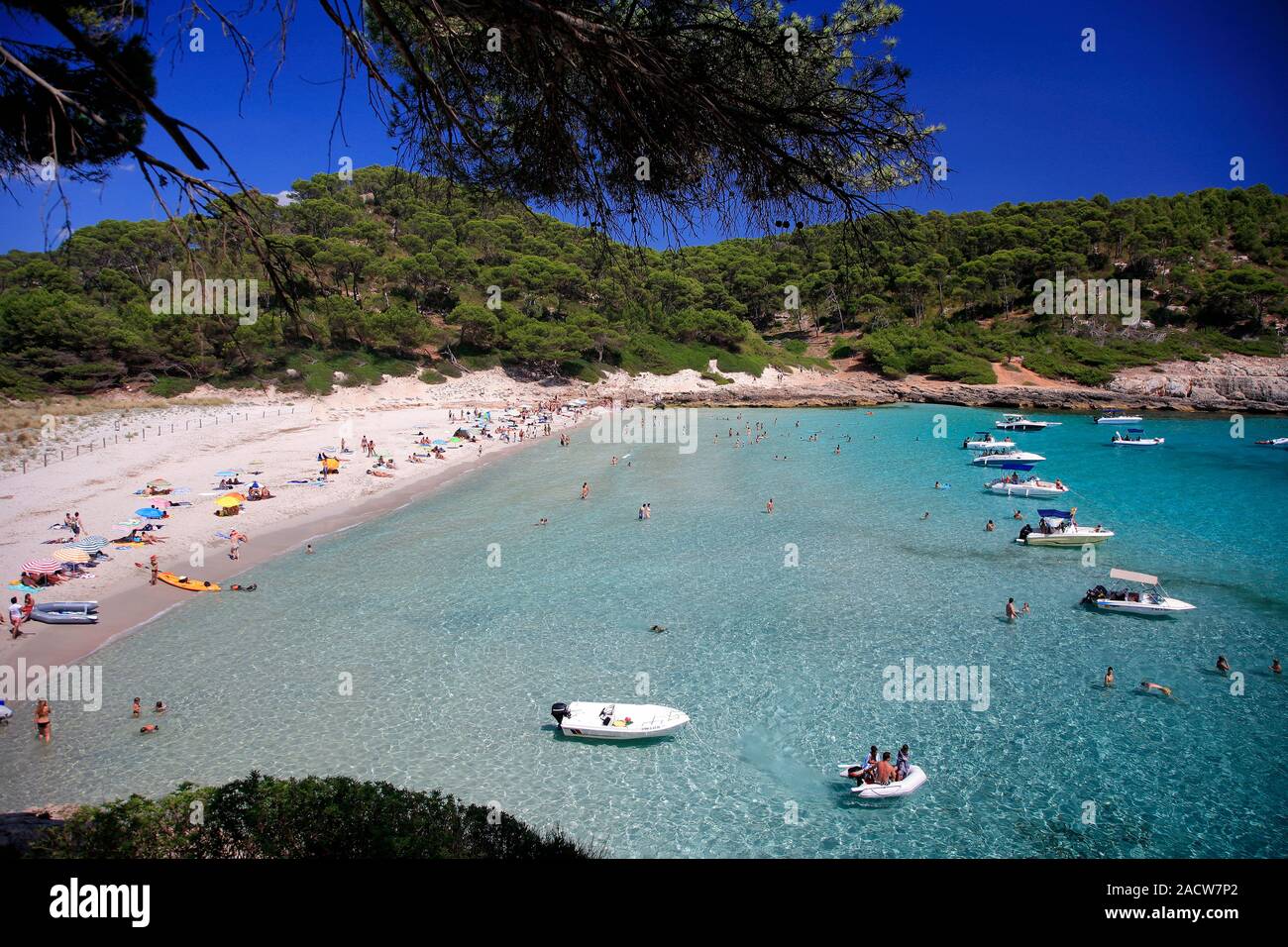 View over the secluded beach at Cala Trebaluger, Menorca Island ...