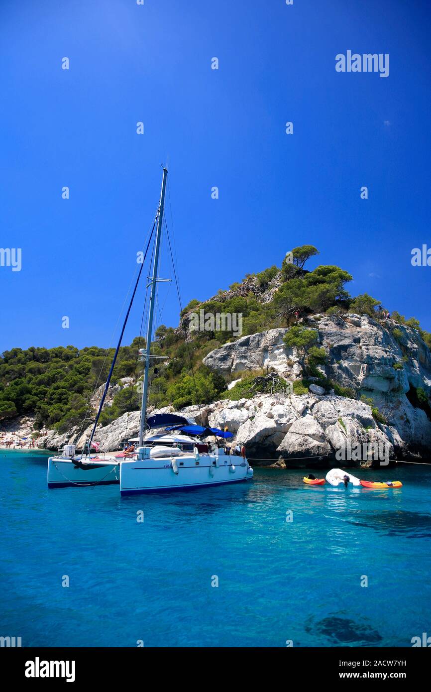 View over the secluded beach at Playa de Son Saura, Menorca Island ...