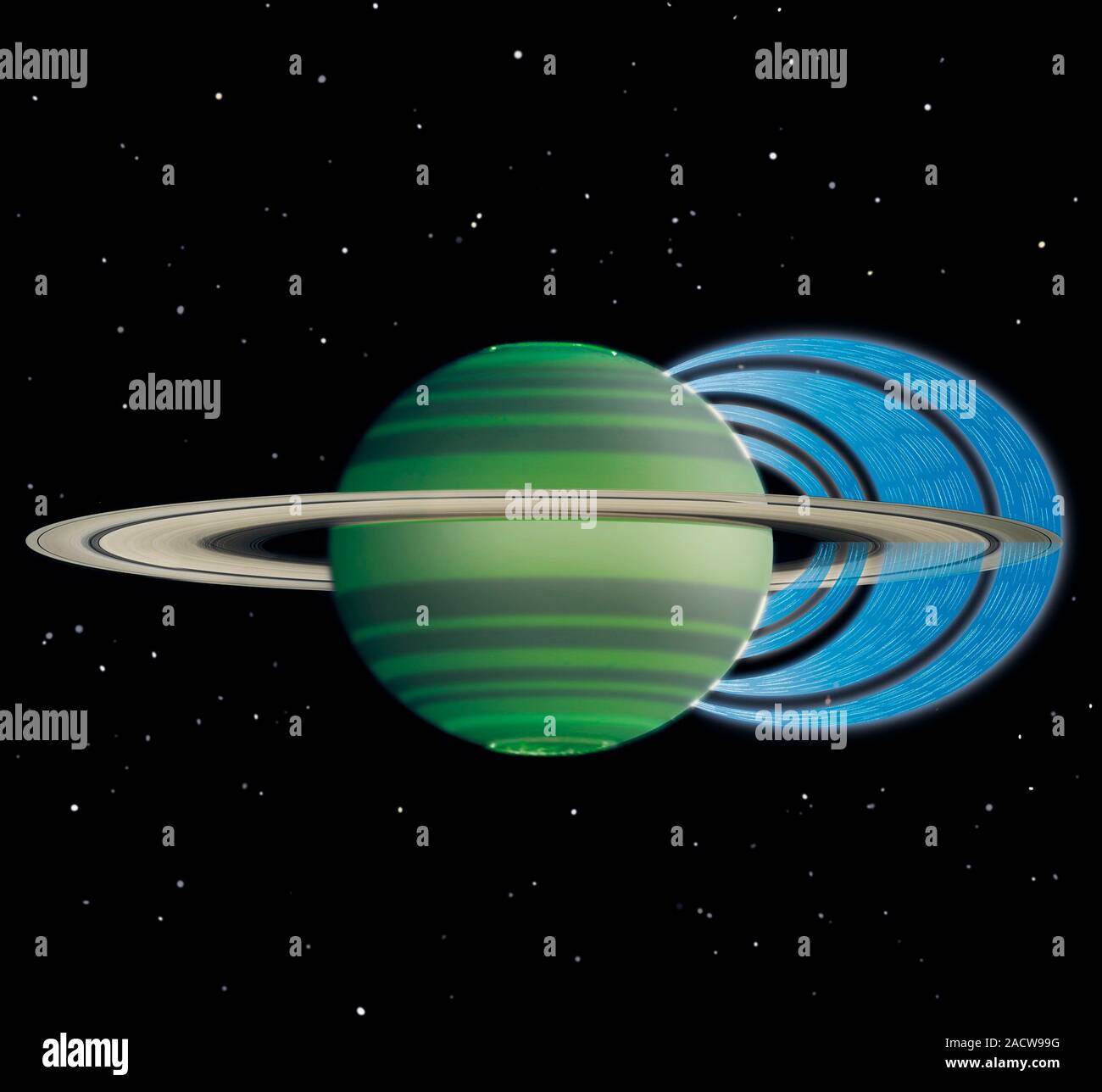 Saturn's ring 'rain'. Computer artwork of the planet Saturn (centre ...