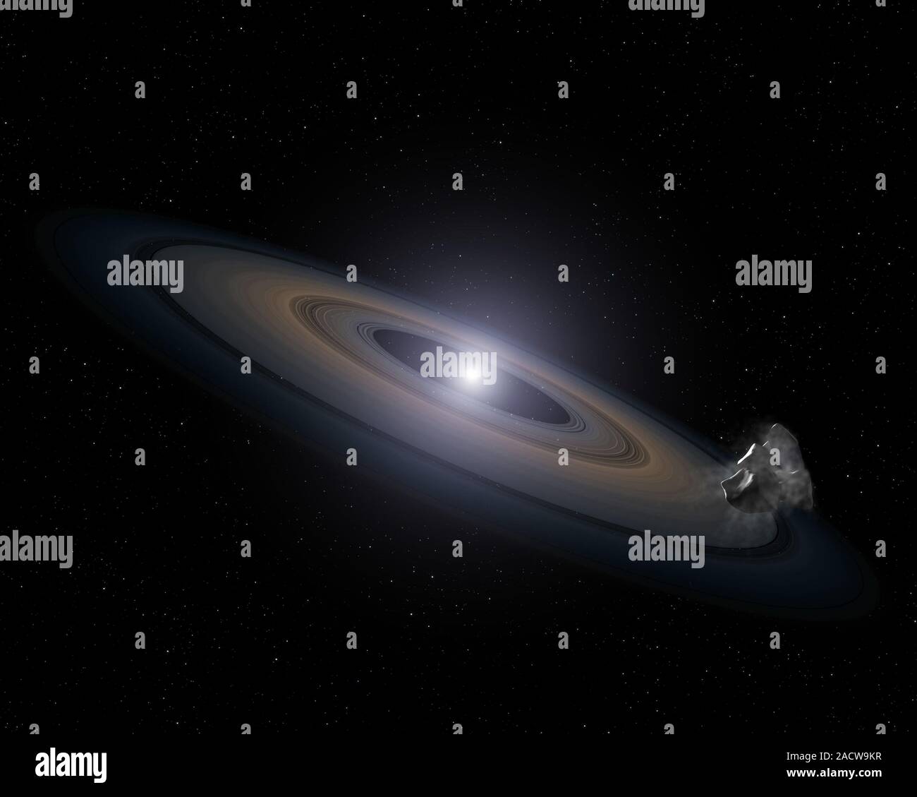 Accretion disk around a white dwarf (centre), artwork. An asteroid (bottom right) is being ...