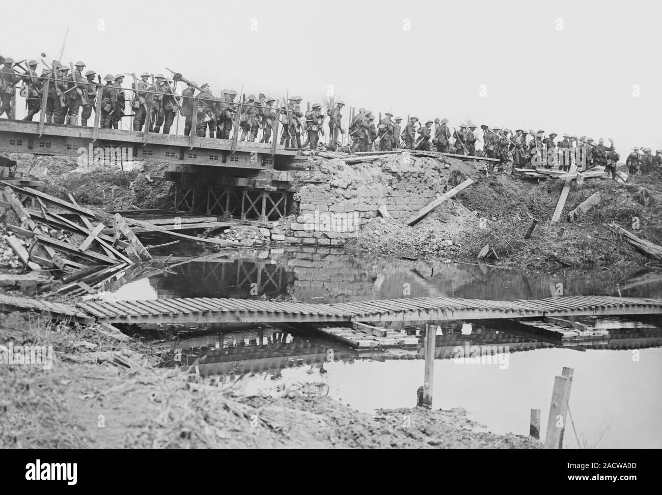 British military bridge. British troops crossing a British military ...