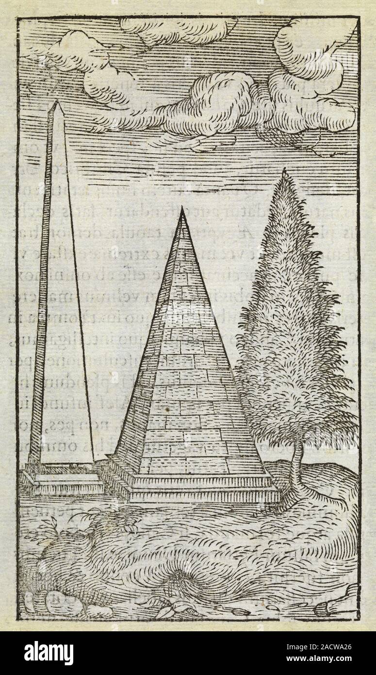 Ancient monuments. 16th-century artwork of an obelisk (left) and a ...