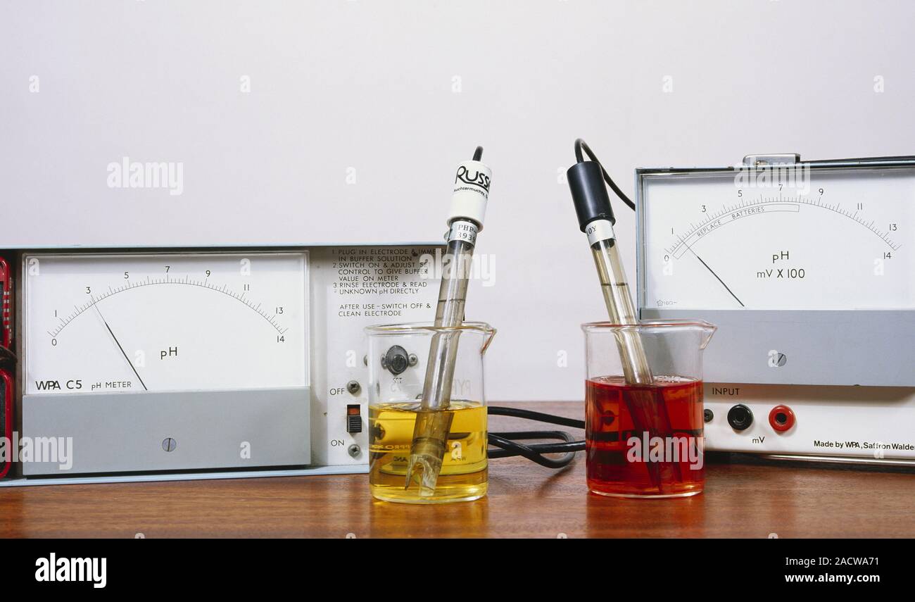 Measuring pH. pH meters being used to measure the pH of ammonia and ...