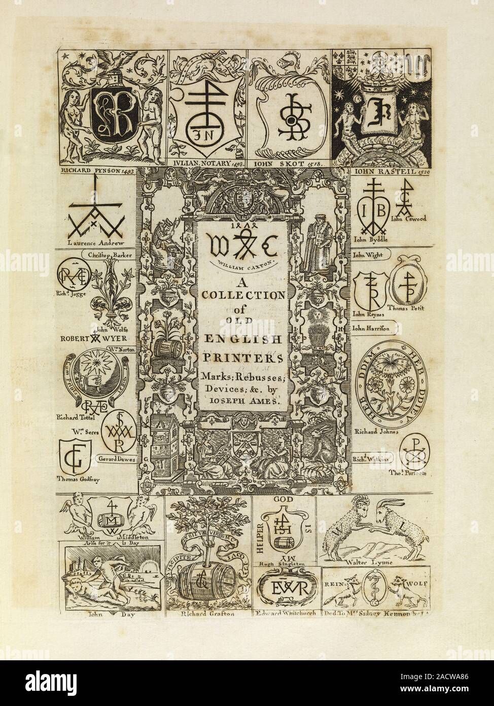 Early English printers and their marks. At centre, the first English ...