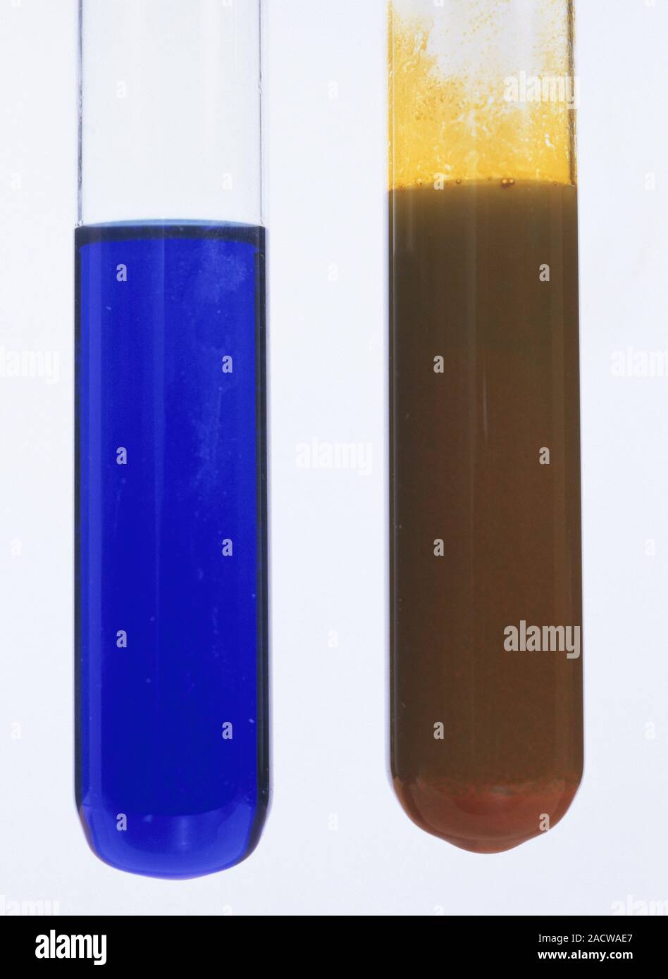 Fehling's solution reduction. Fehling's solution before (left) and ...
