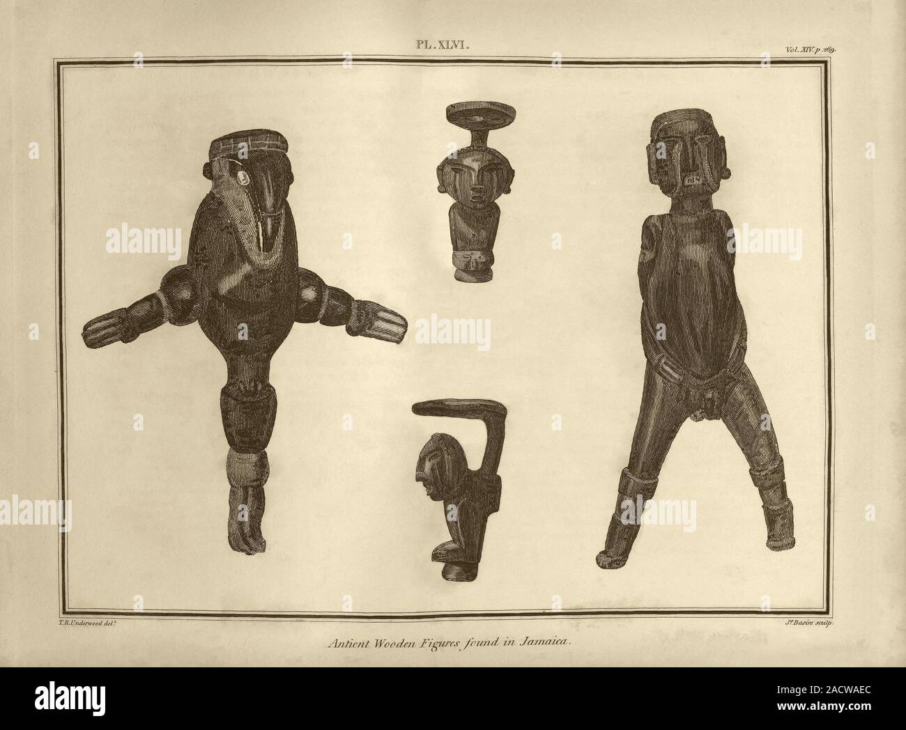 Wooden figures from Jamaica. 19th-century artwork of ancient wooden ...