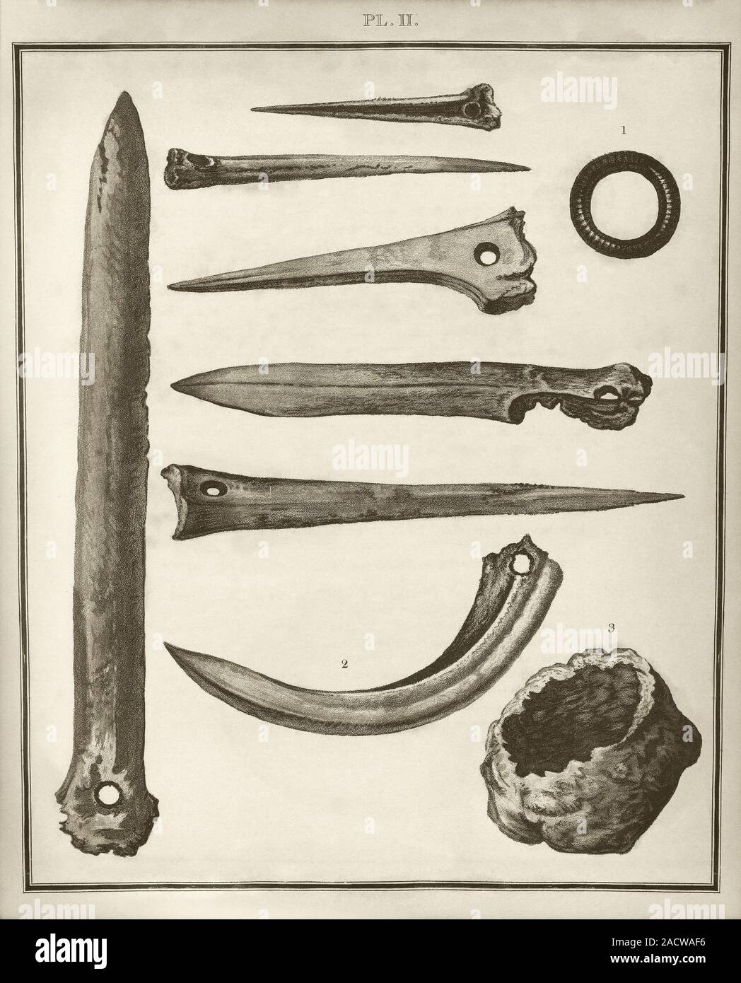 Prehistoric artefacts. 19-century artwork of examples of prehistoric ...