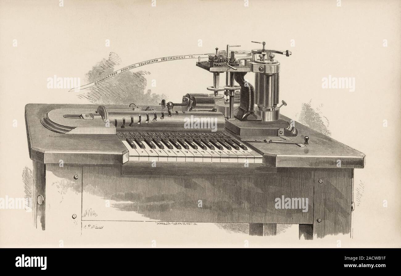 Combined printer-telegraph, 19th-century artwork. This 'combination ...