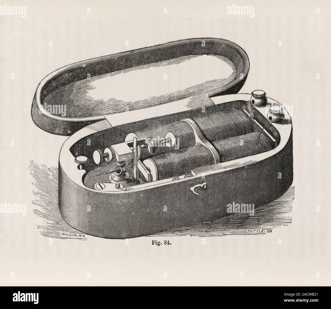 Pocket telegraph device. 19th-century artwork of a small magnet and ...