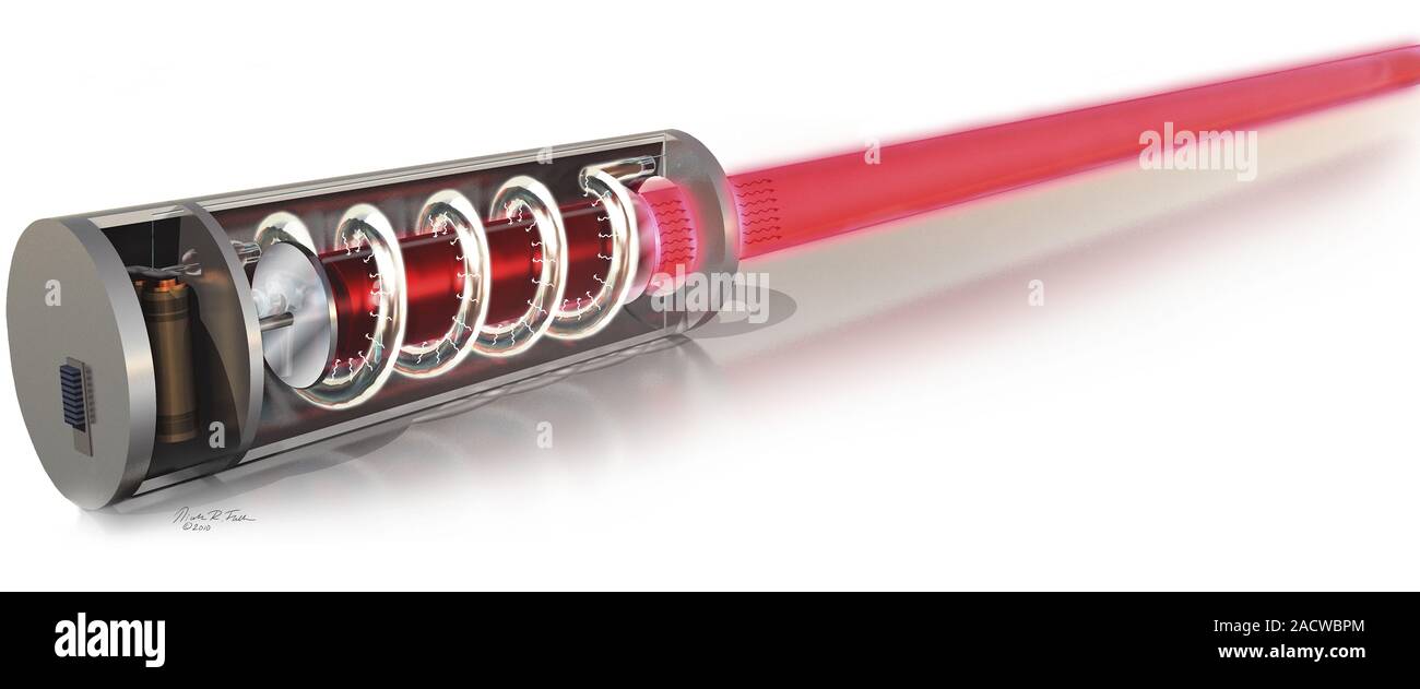 Ruby laser. Artwork of the internal mechanism of the first working ...