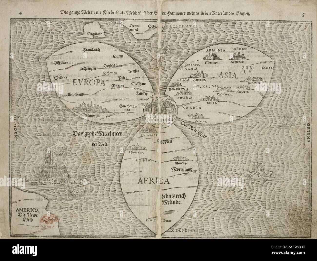 World map in the shape of a three-leaf clover. Image taken from Die ...