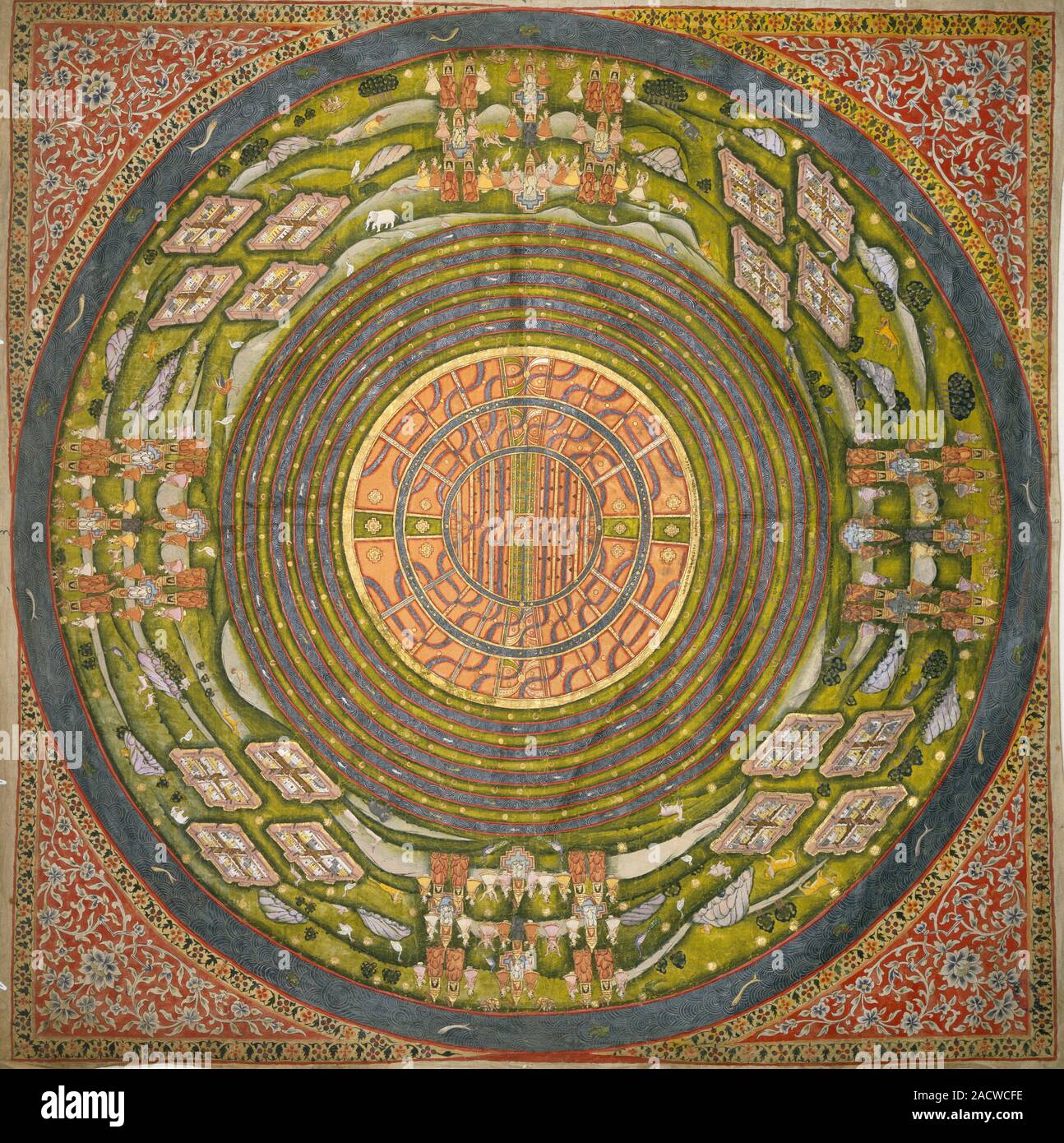 Jain diagram of the universe (Jambudvipa), shows Mount Meru surrounded ...