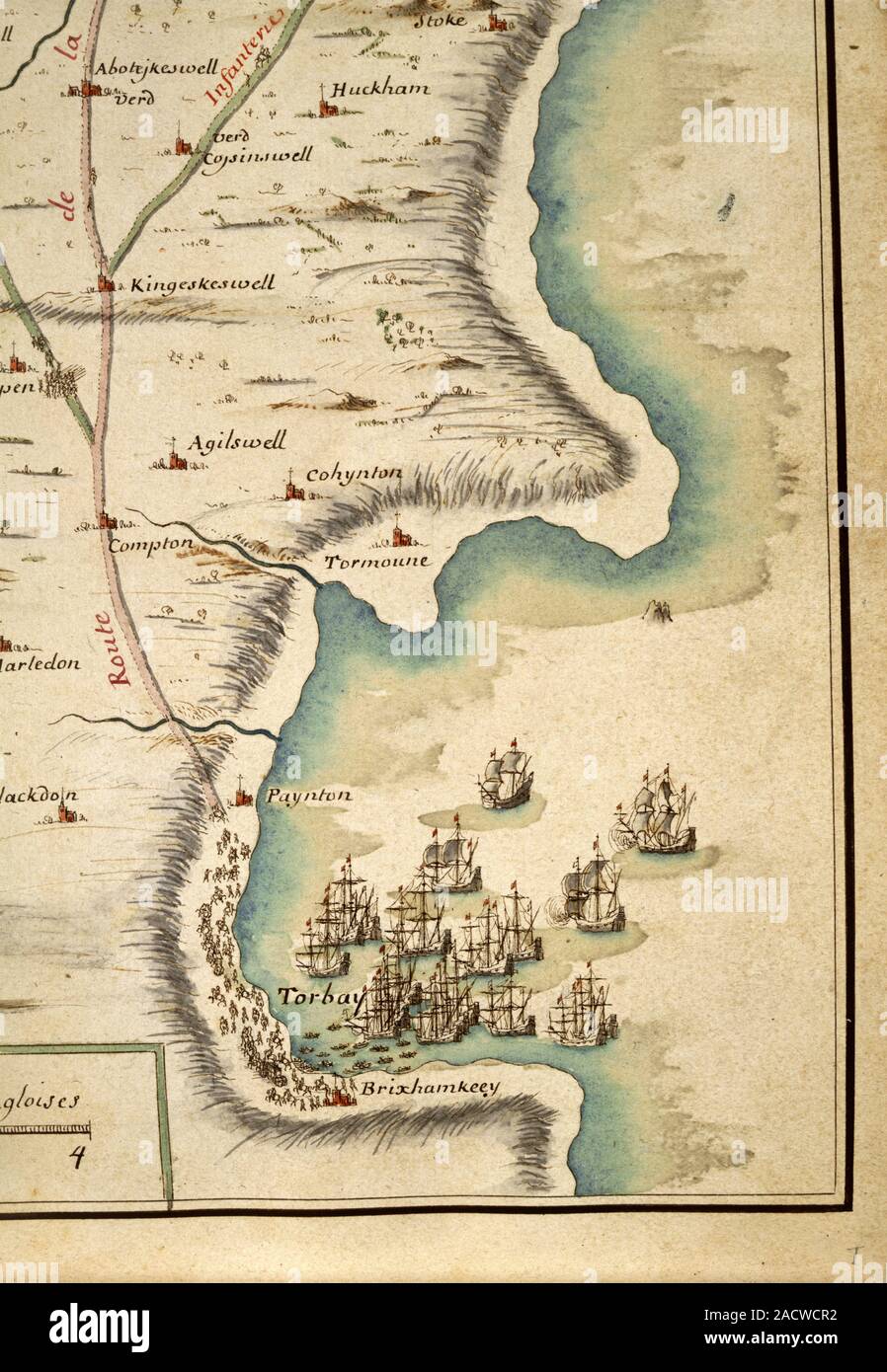 Map of Torbay, between Torquay and Brixham, with the ships of William ...