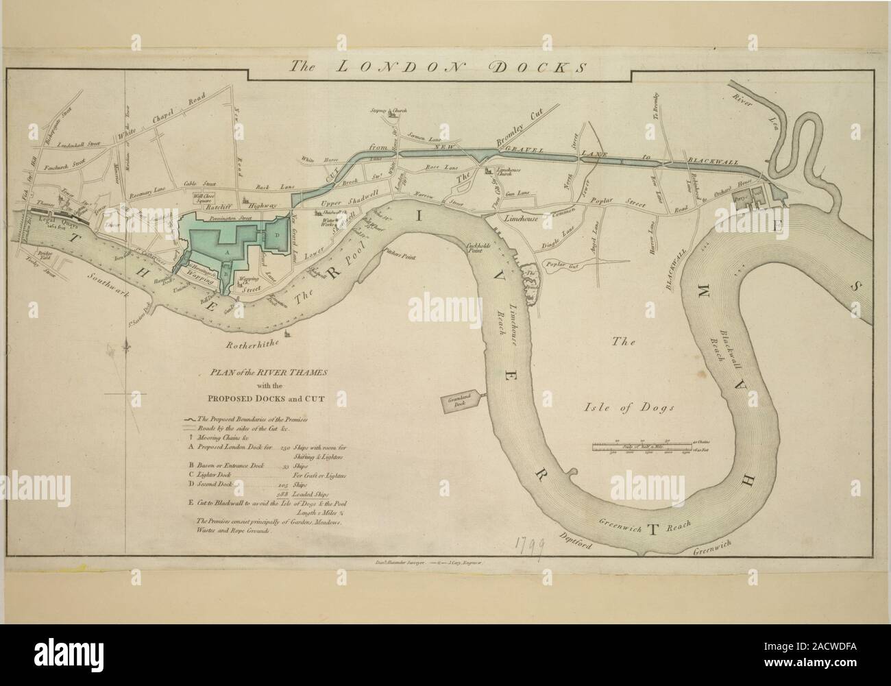 The London docks, showing plan of the River Thames from Blackwall to ...