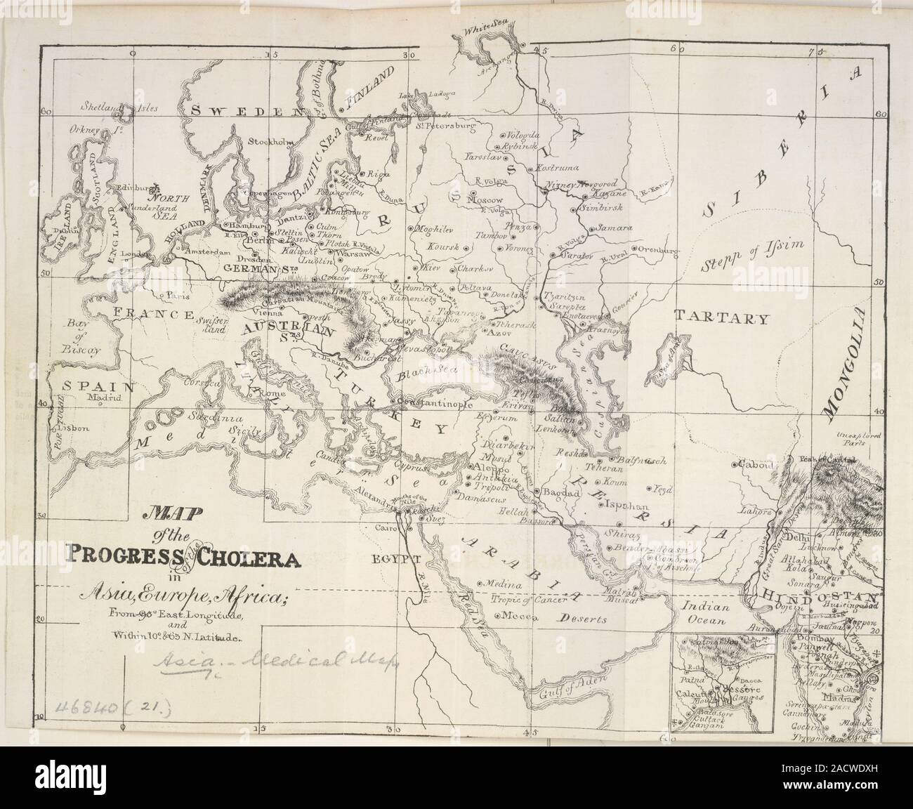 Cholera map, Map of the progress of the Cholera in Asia, Europe, Africa ...
