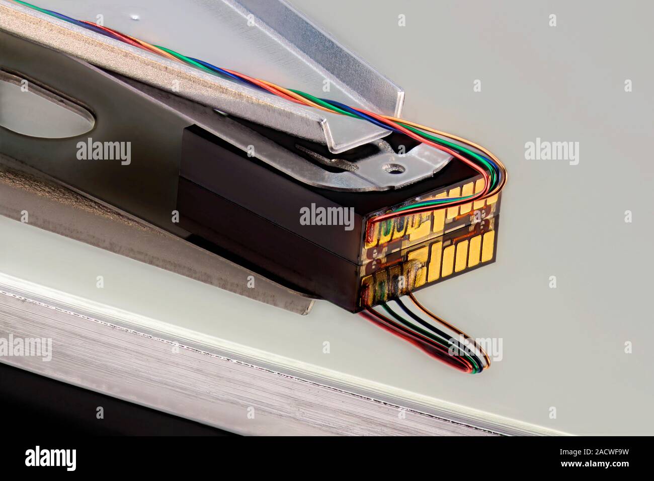 Computer hard disc head. Close-up of an anisotropic magnetoresistive ...