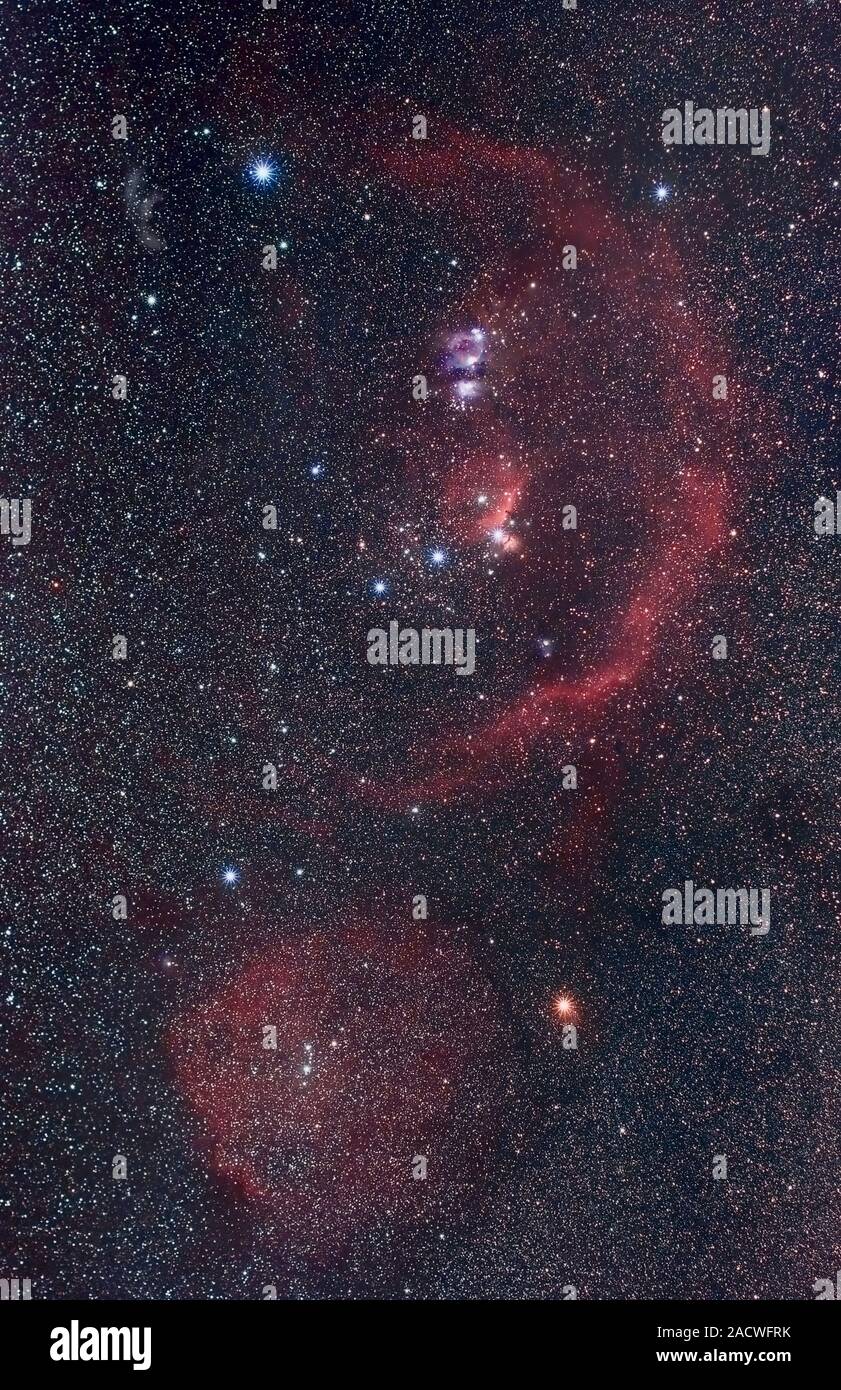 Orion nebulae. Wide-field view of the Orion constellation and Barnard's Loop (upper frame). The ...