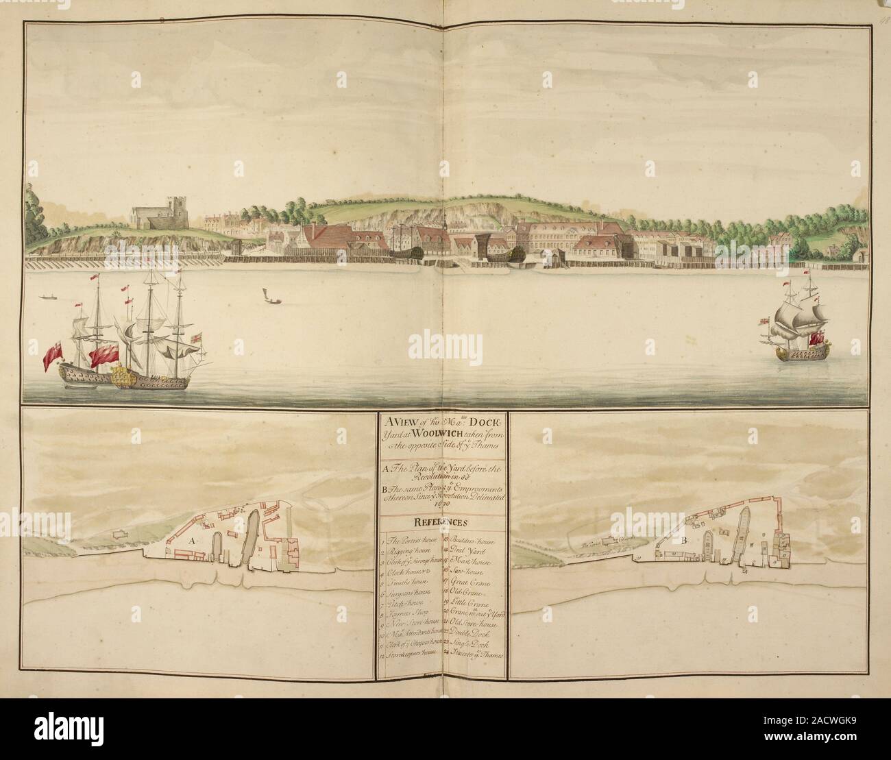 Illustration of Woolwich dockyard. Major London River Thames dockyard ...
