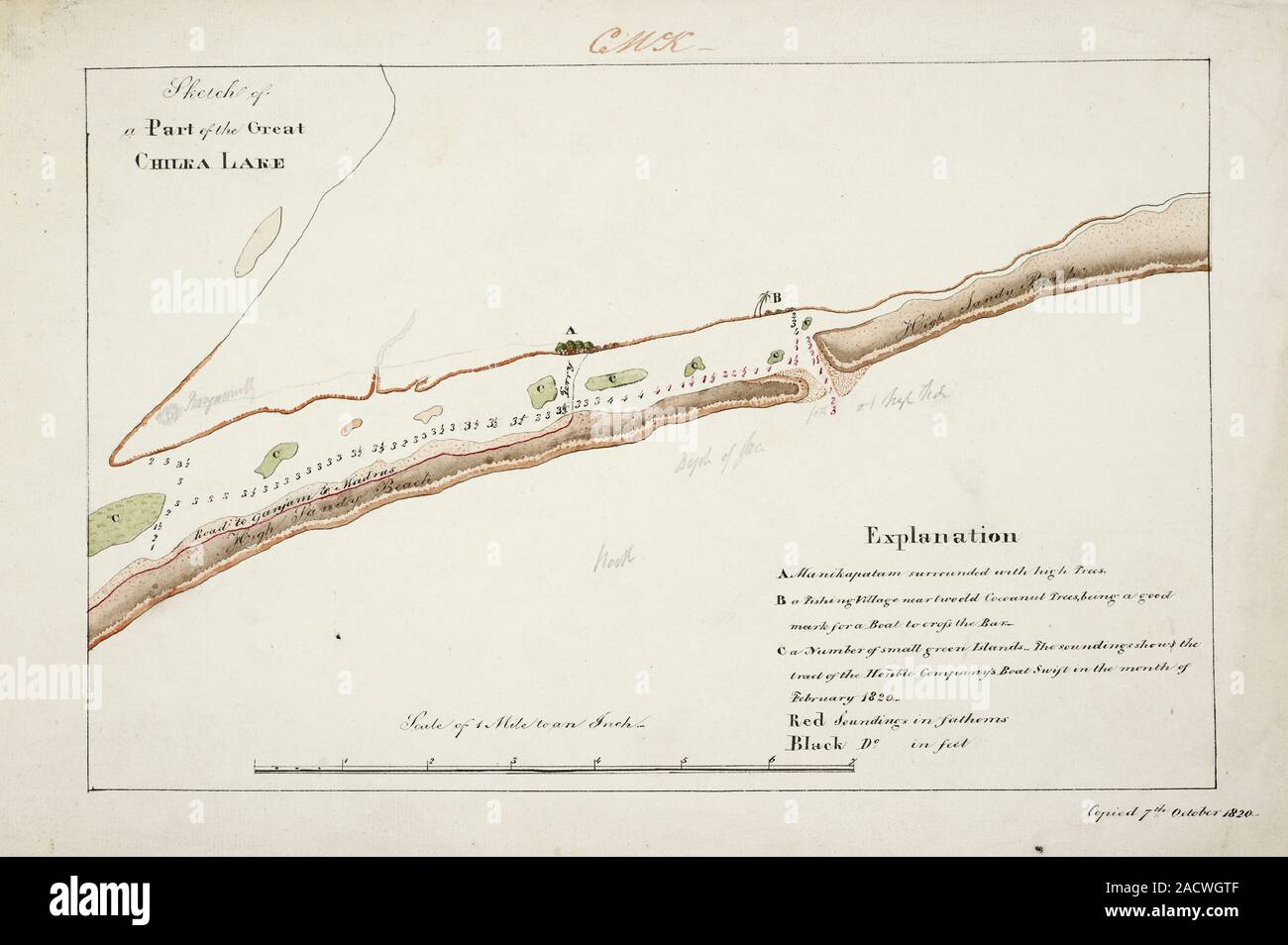 A map of the Chilka Lake, Orissa in India. the route of an Eastindiaman ...