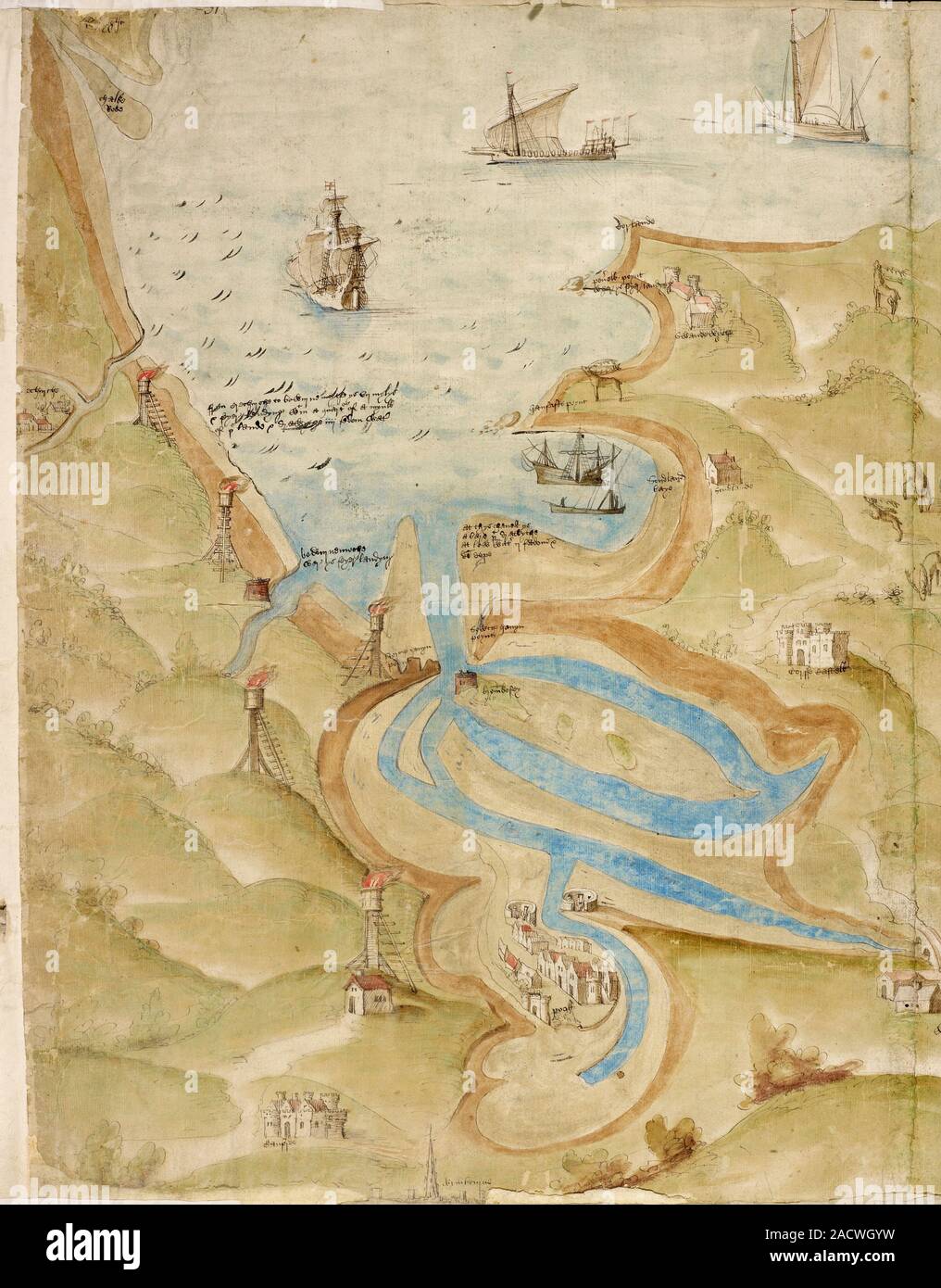 Map of Mount's Bay in Cornwall. Coastline. Sand flats and sheltered ...