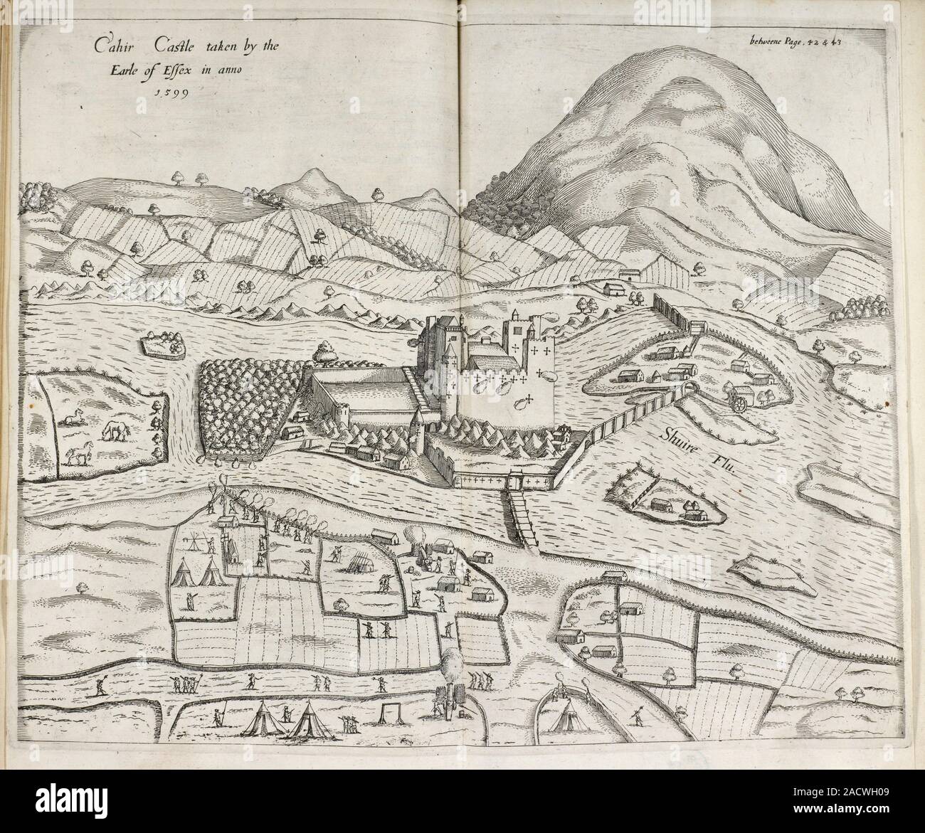 Illustration of castle in landscape. Irish castle in Munster. Site of ...