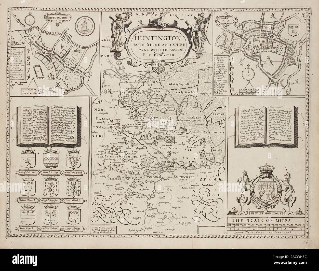 A scale map of Huntingdonshire, and two towns. Coat of arms and lists ...