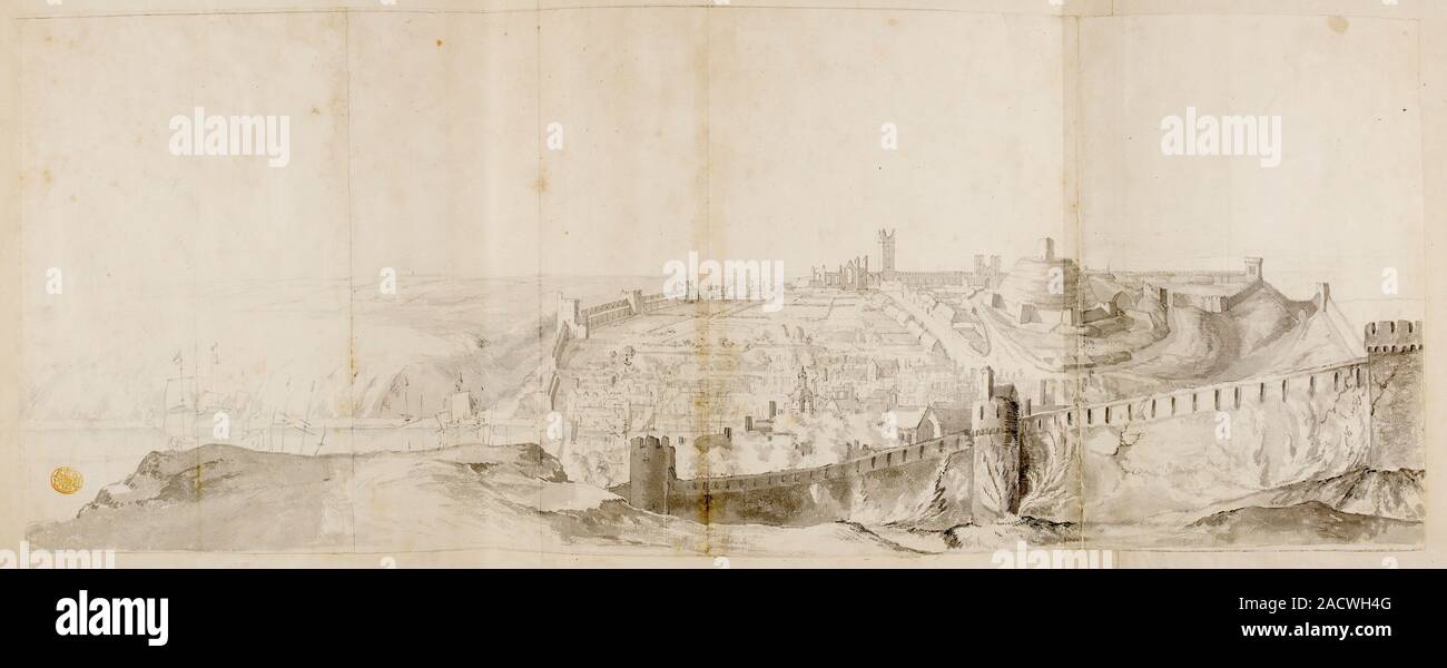 An unfinished view of the town of Drogheda. Castle on a hilltop, An ...