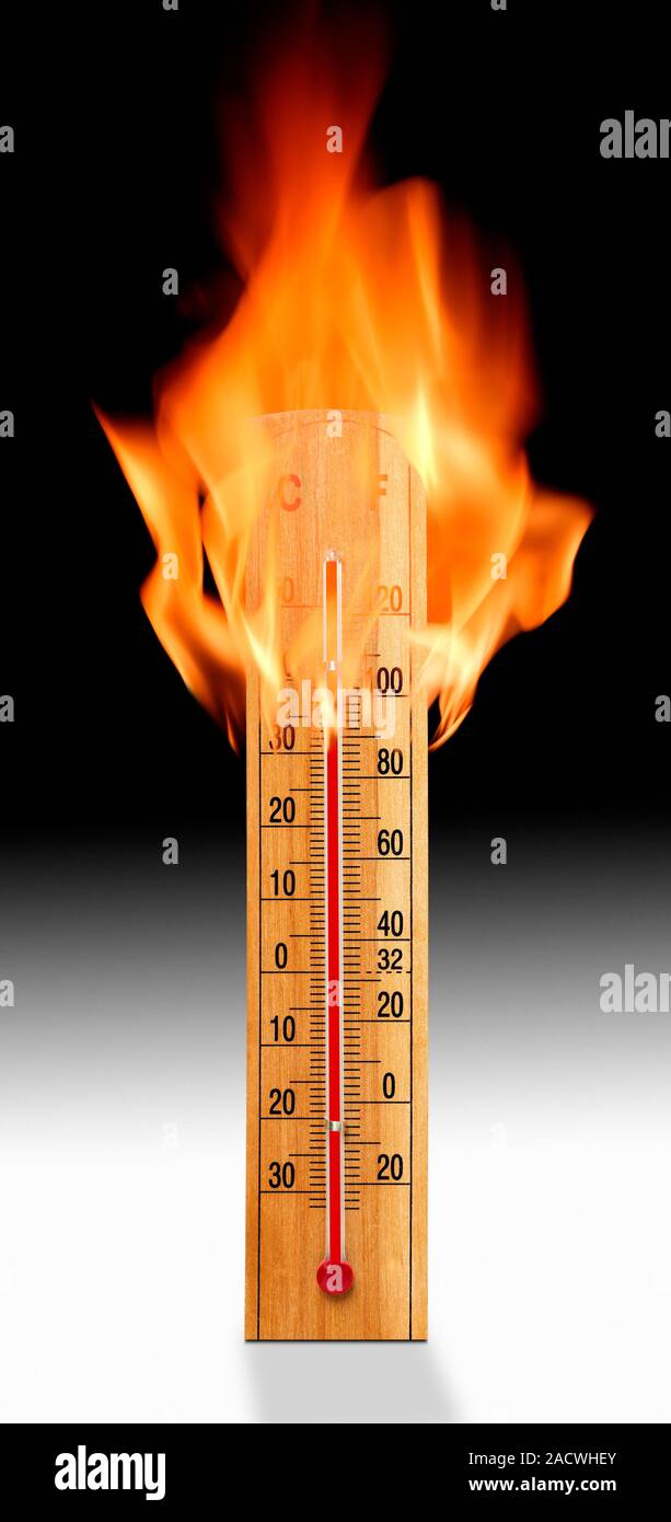 Heatwave. Conceptual image of a thermometer bursting into flames ...