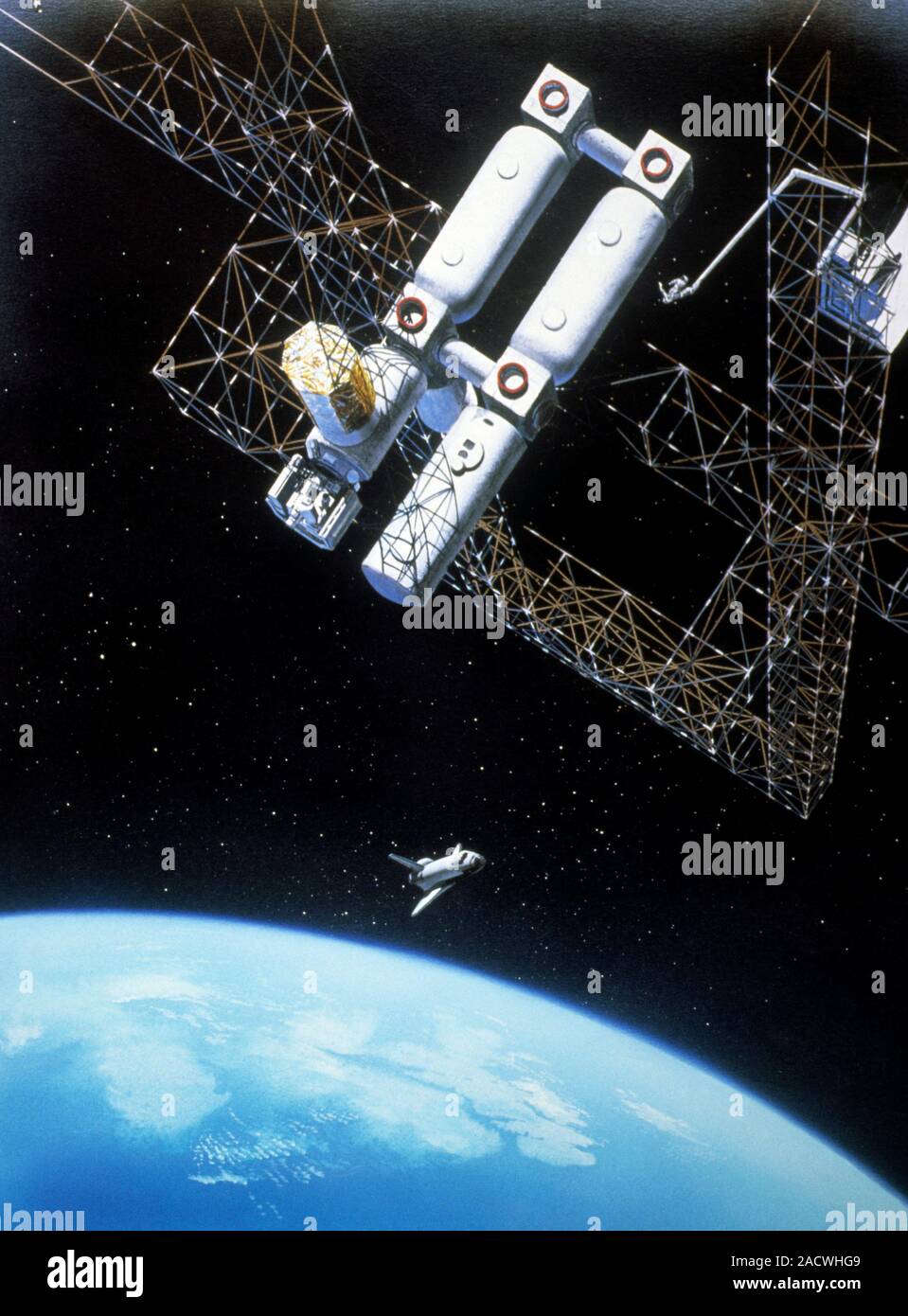 Freedom space station. Artwork of a Space Shuttle (lower centre ...