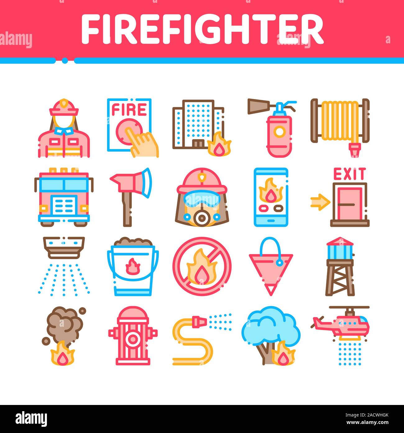 Firefighter Equipment Collection Icons Set Vector Stock Vector Image ...