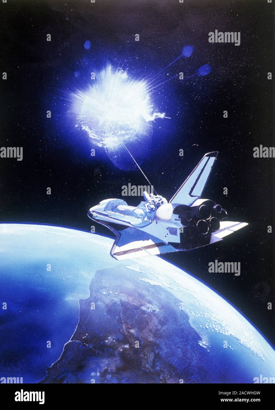 Space defence system in Earth orbit, artwork. Space shuttle in Earth ...