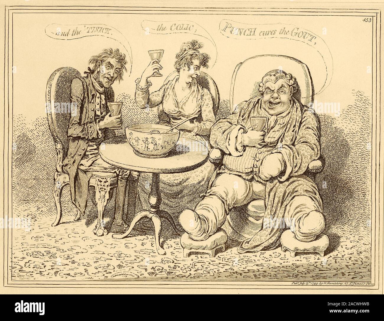 Gout, 18th century caricature by James Gillray. Three people sitting ...