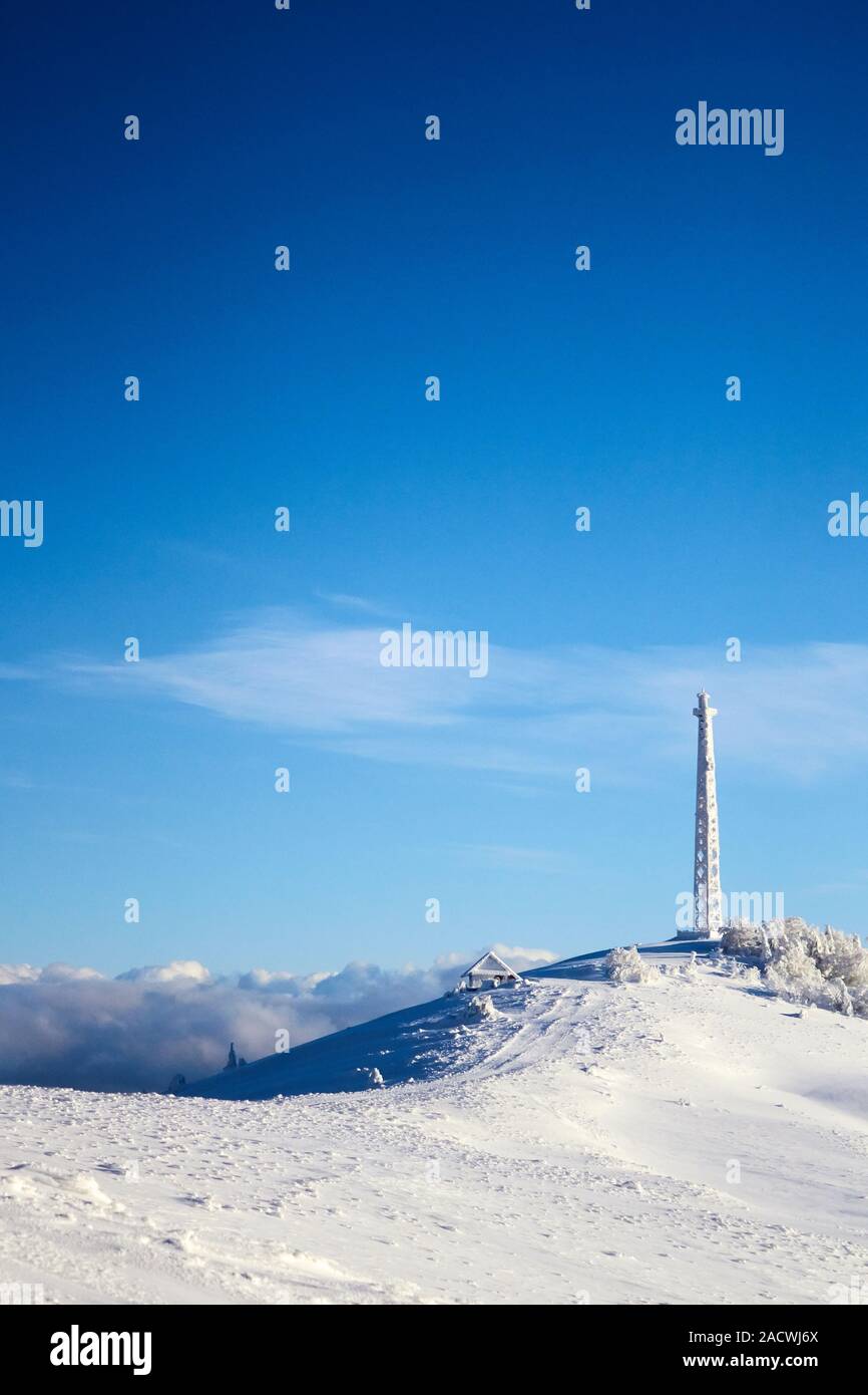Icy cellular base station antenna covered with snow. Cell site tower on ...